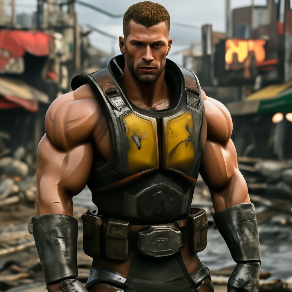 "Pumped up fallout game man in, jock, muscles, muscles, hyperrealism ...