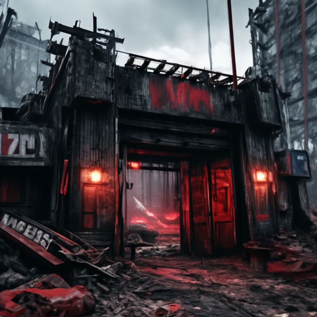 "Raider base entrance red, wasteland, post-apocalypse" — image created ...