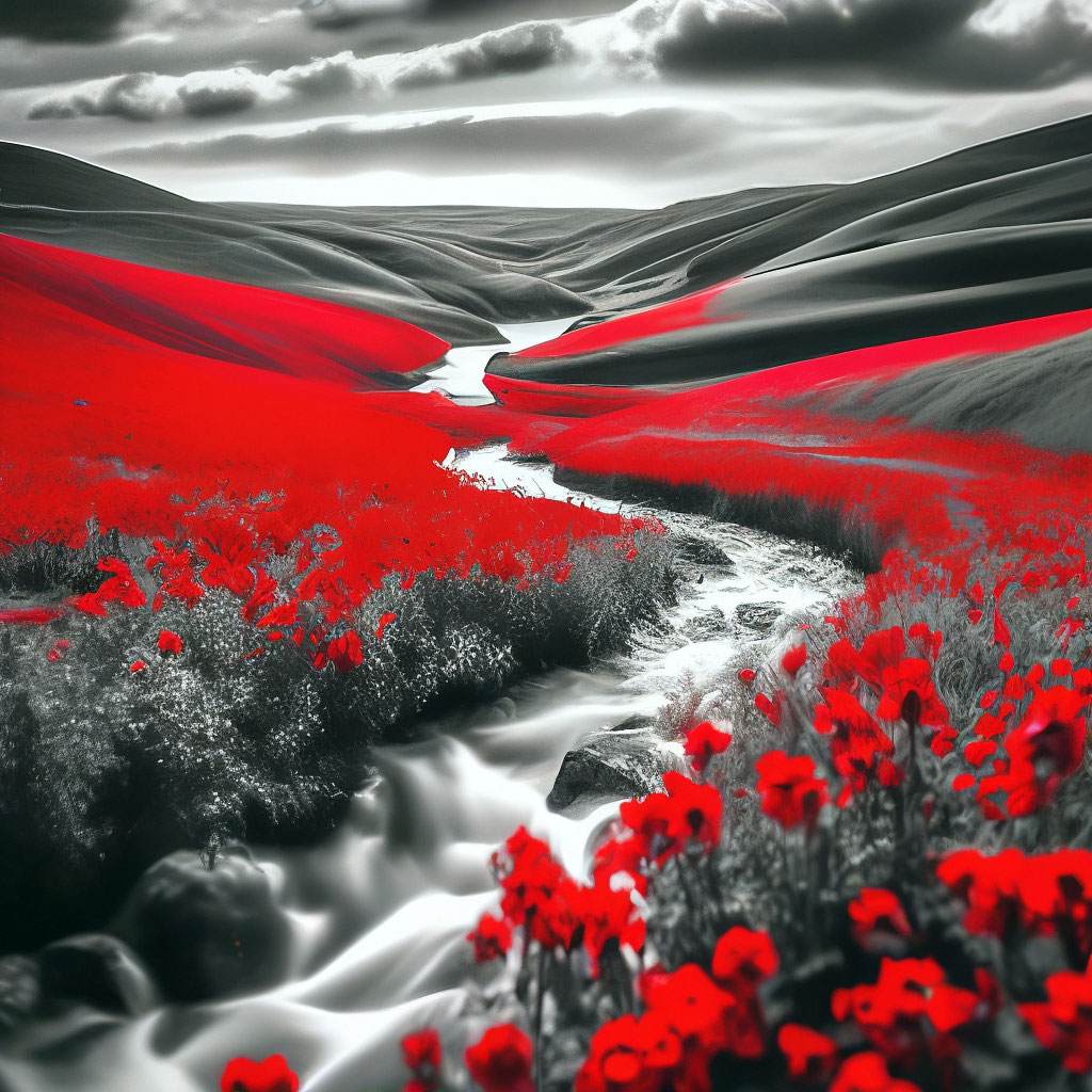 "Very beautiful unusual red flower fields with winding narrow rivers ...