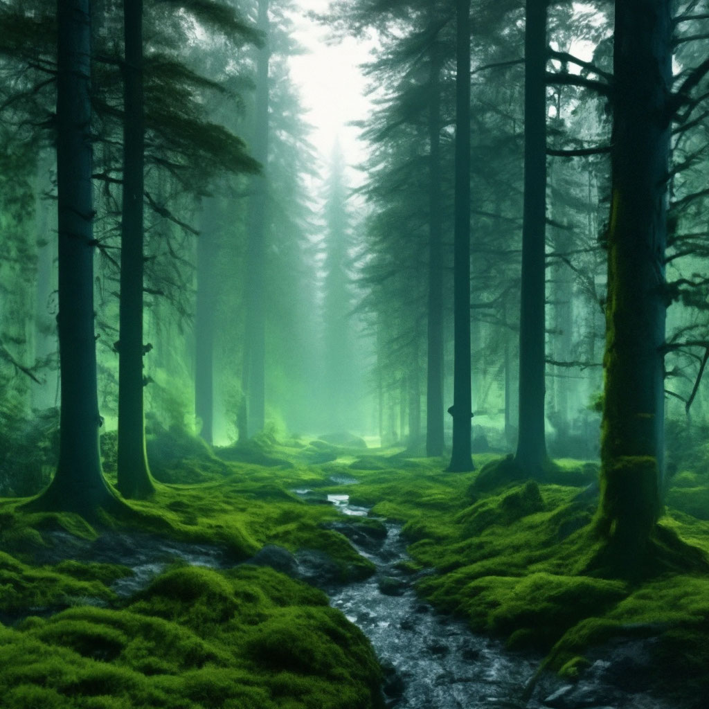 "Spruce forest, dawn,fog,bright green colors,, realistic" — image ...