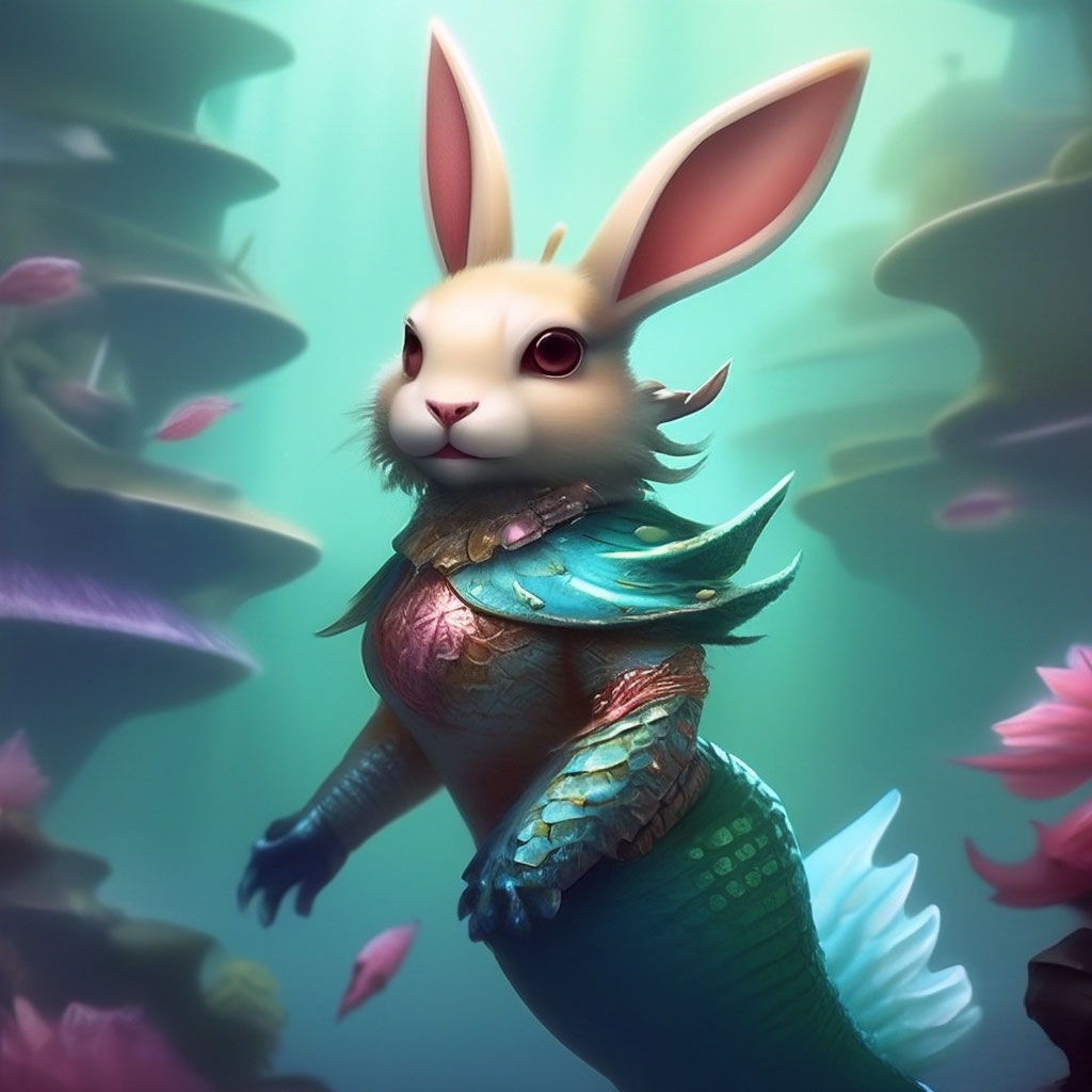"Bunny-mermaid hybrid" — image created in Shedevrum