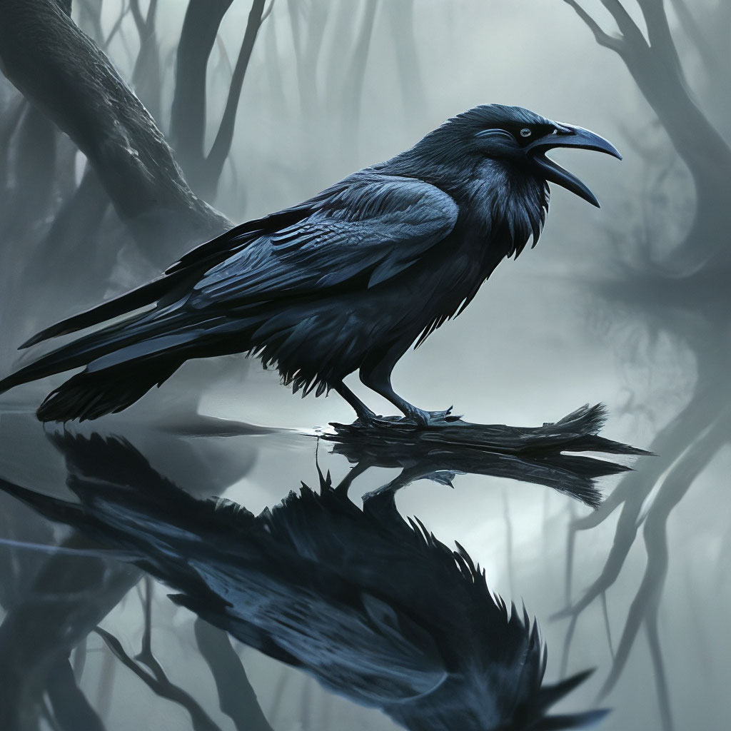 "Raven in horror style, sitting by the river, beak open, cawing, wings ...