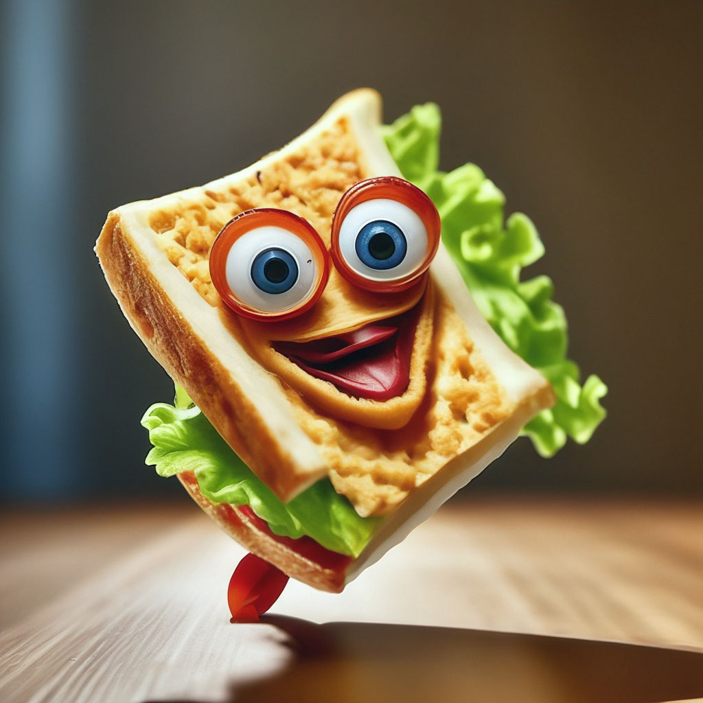 "Dancing sandwich with eyes, anthropomorphic creature, photorealism ...