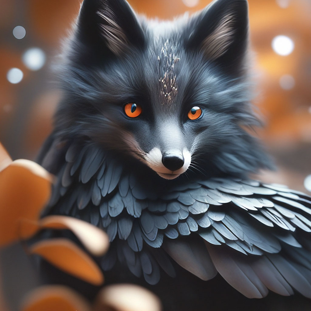 "Black feathers, branches and leaves, diamond dust, bird and fox ...
