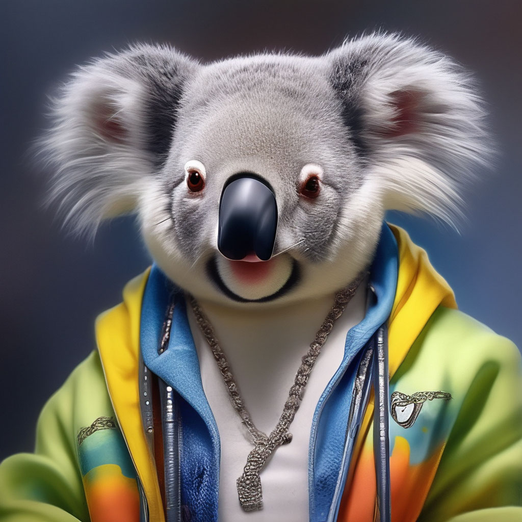 "Koala rapper, humor, photorealism drawing details high resolution, 64k ...