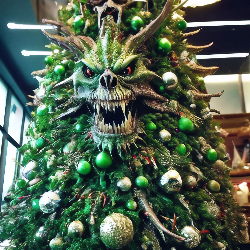 " Evil big Christmas tree in full-length Christmas toys, in the style ...