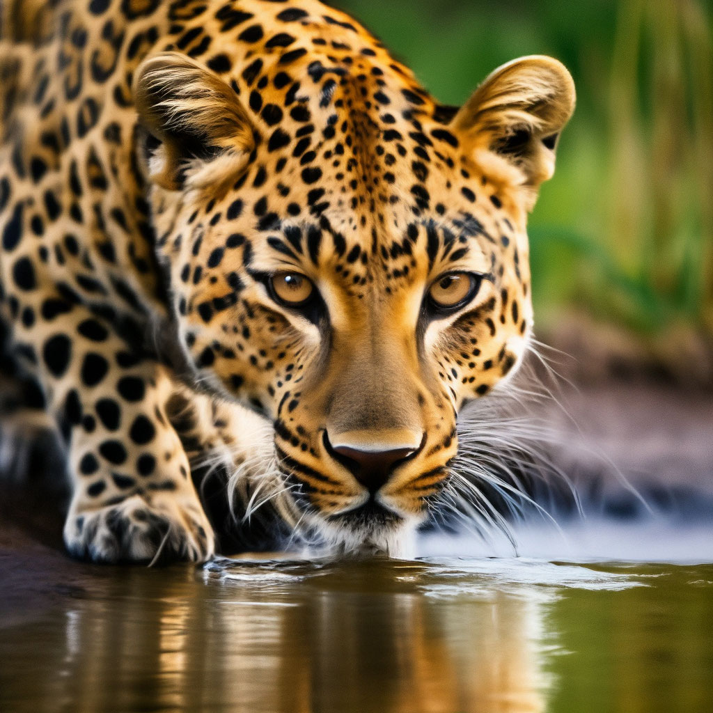 "Leopard drinking water from a pond close-up" — image created in Shedevrum
