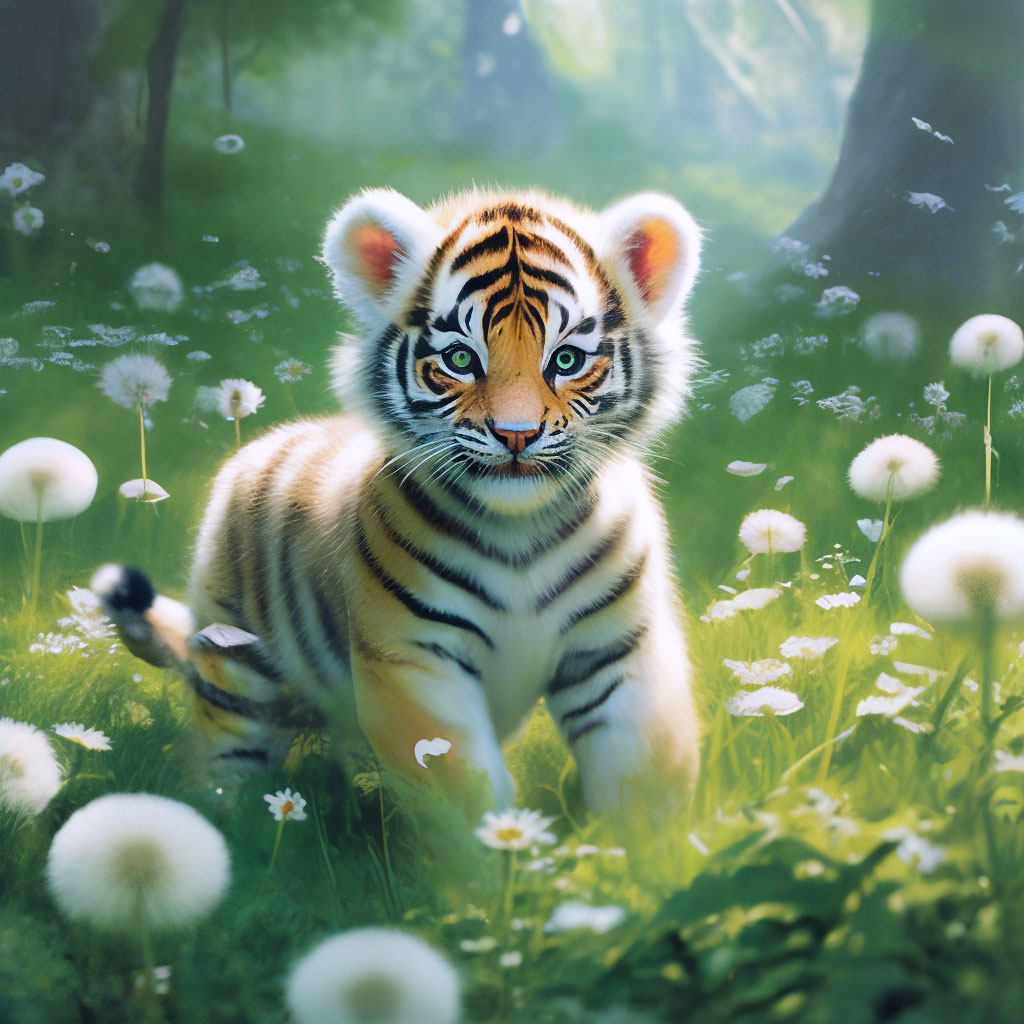 "A full-length green fluffy tiger cub in a clearing with white ...