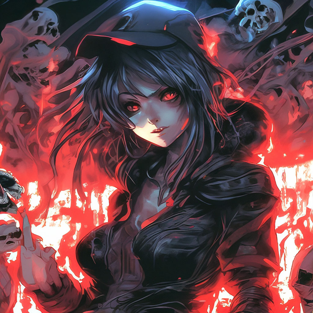 "Skeleton girl anime evil spirits a lot of details black red tones ...