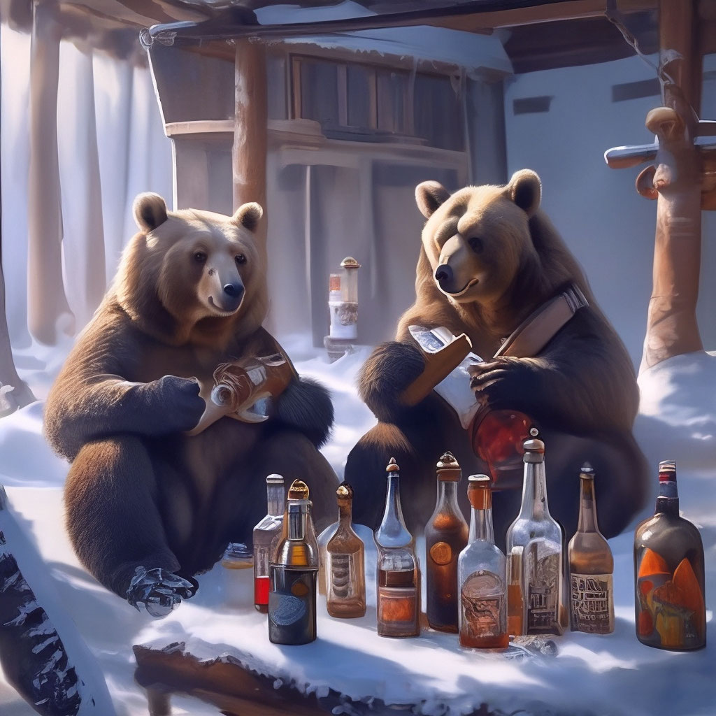 "Bears with vodka and balalaika in Siberia" — image created in Shedevrum