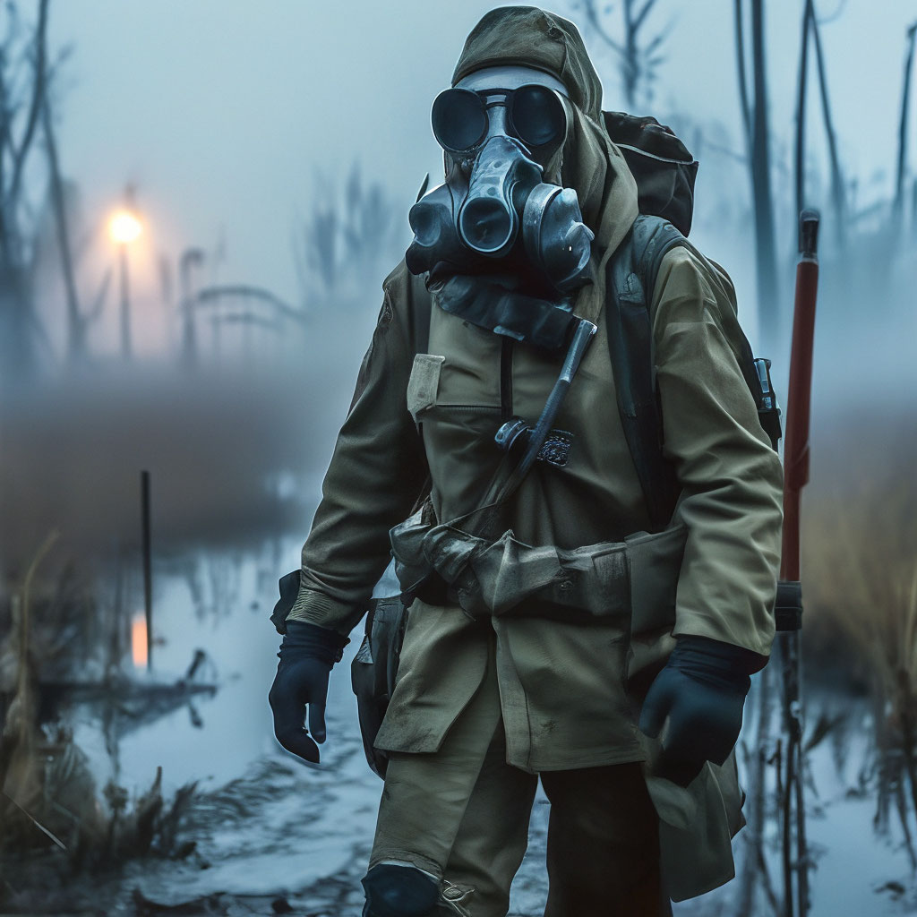 "Stalker dressed in tactical gear and an endoskeleton,wearing a gas ...