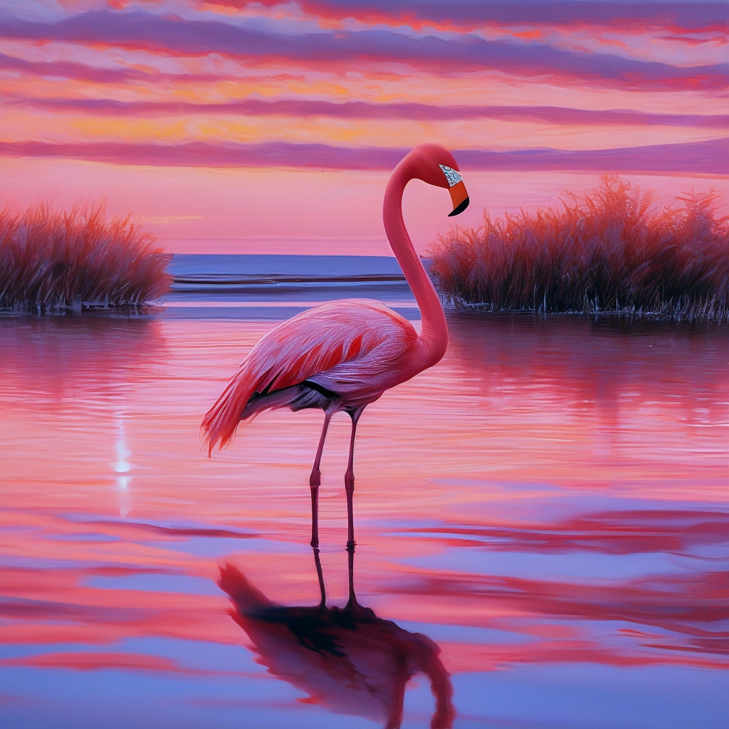 "Pink dawn pink water surface pink flamingo looks into the distance ...