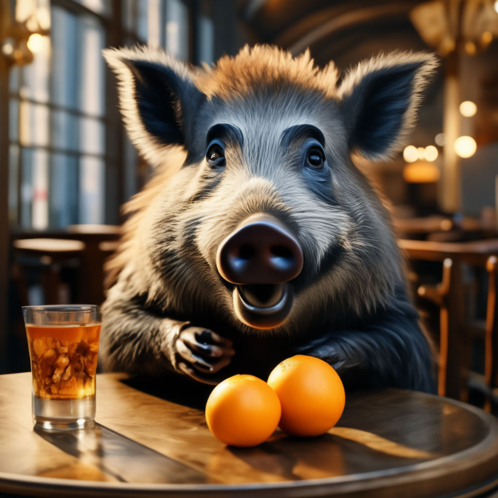 "A wild boar is sitting at a table in a cafe, eating an orange. with ...