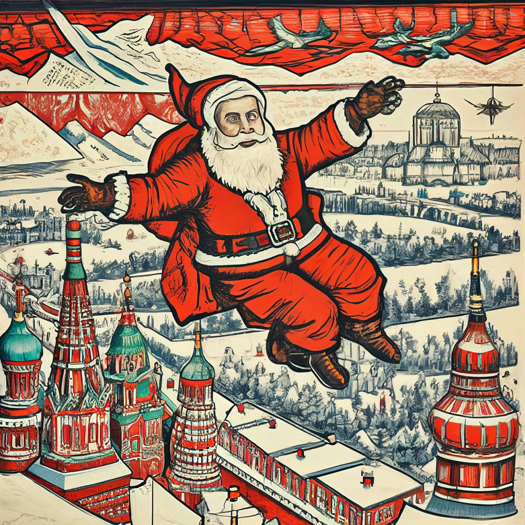 "Linocut, Santa Claus flies over Russia with gifts" — image created in ...