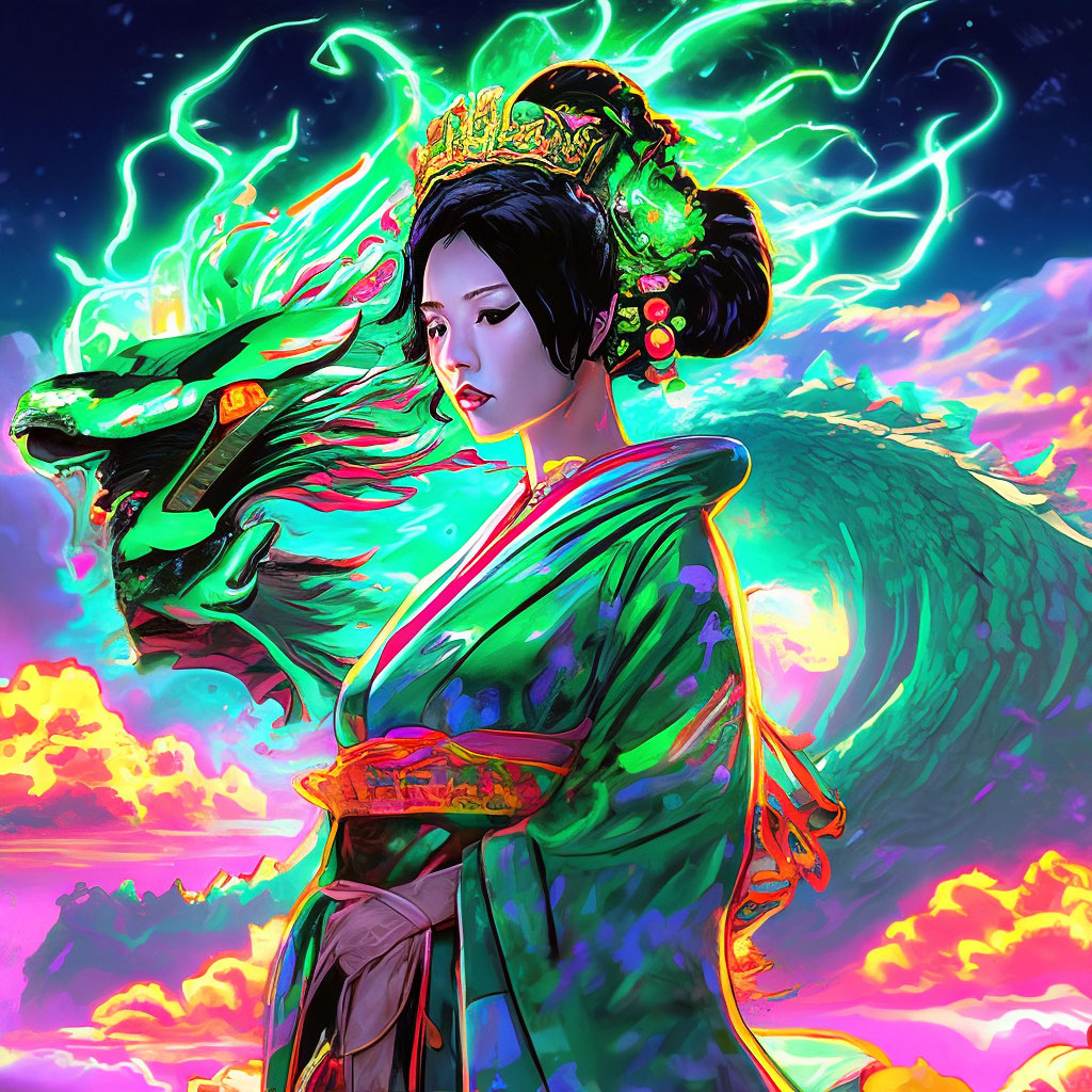 "Fujiyama Clouds emerald dust Geisha Dragon Kimono neon glow" — image created in Shedevrum