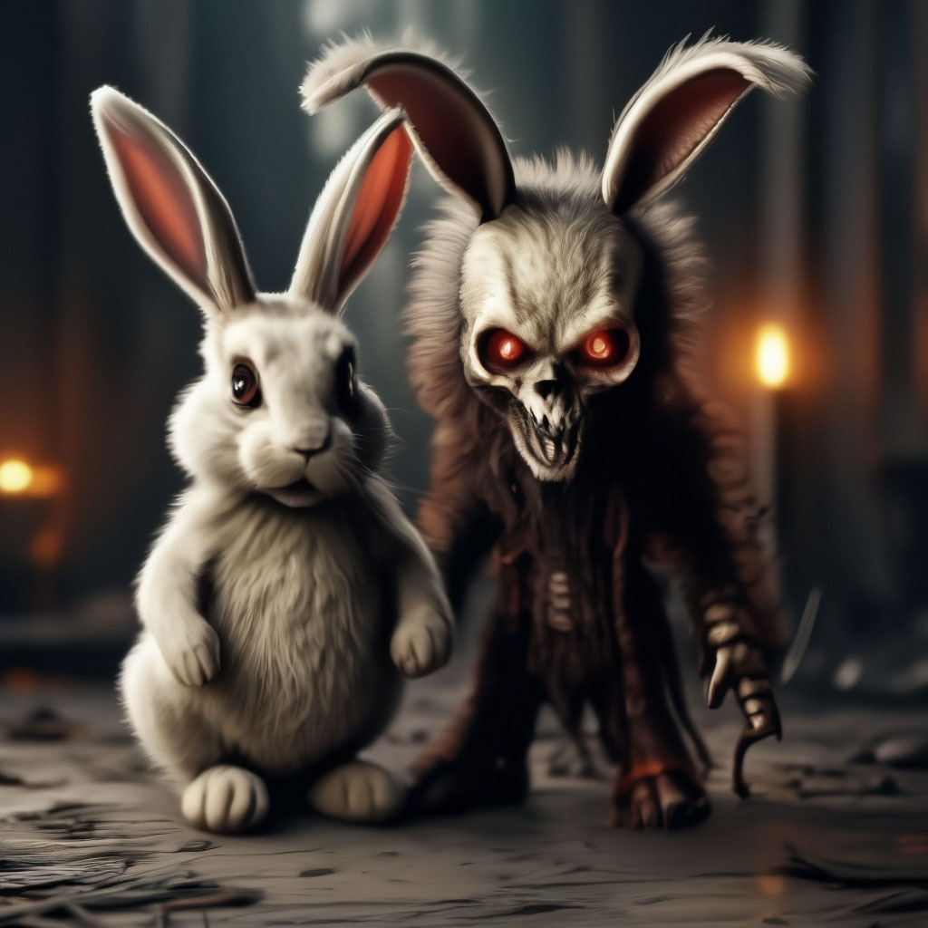 "A kind sweet bunny and an evil scary babaika" — image created in Shedevrum