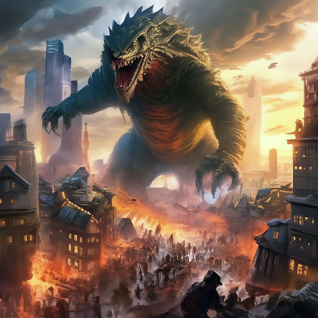 "A huge monster is attacking the city" — image created in Shedevrum