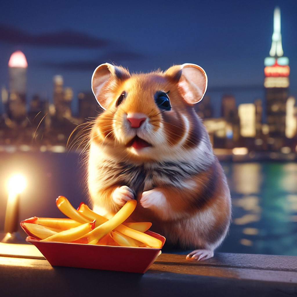 "Cute Hamster in New York eats French fries at night near the Statue of ...