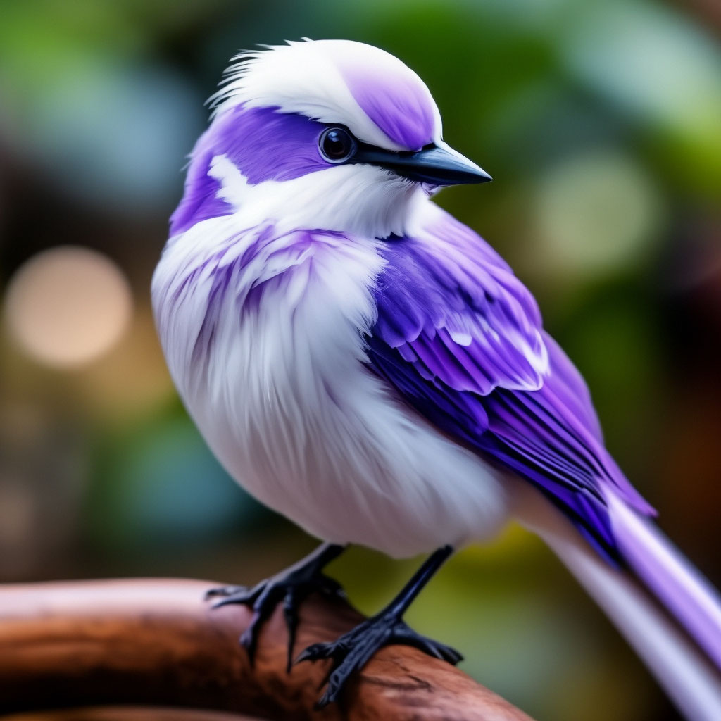 "A beautiful, cute white, purple bird. Purple long ponytail. Bird ...