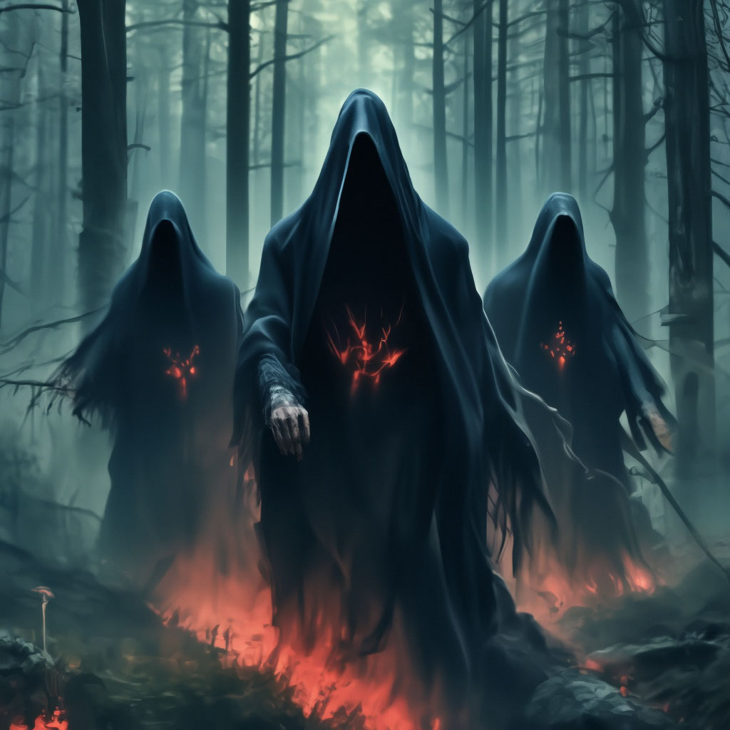 "Cultists in the forest, nightmare, grotesque" — image created in Shedevrum