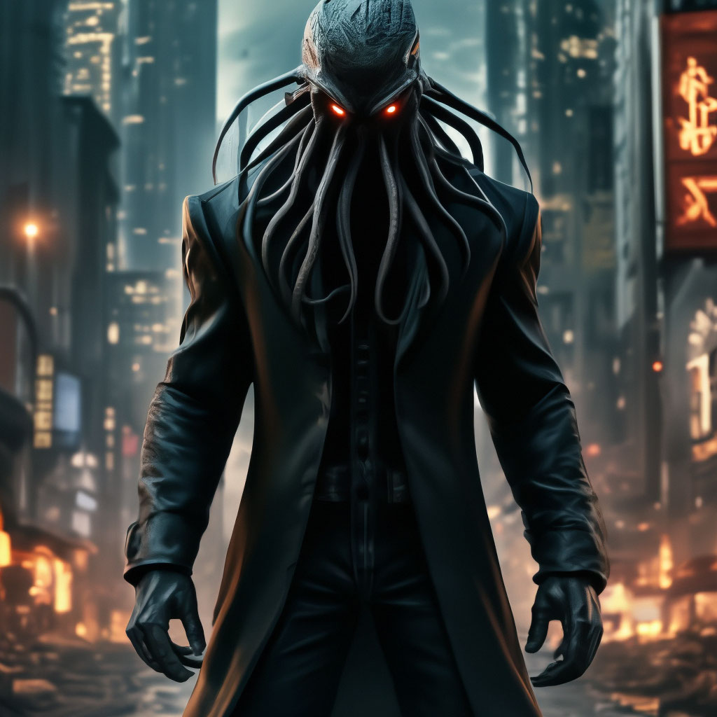 "Cthulhu, full height, apocalypse, cyberpunk" — image created in Shedevrum
