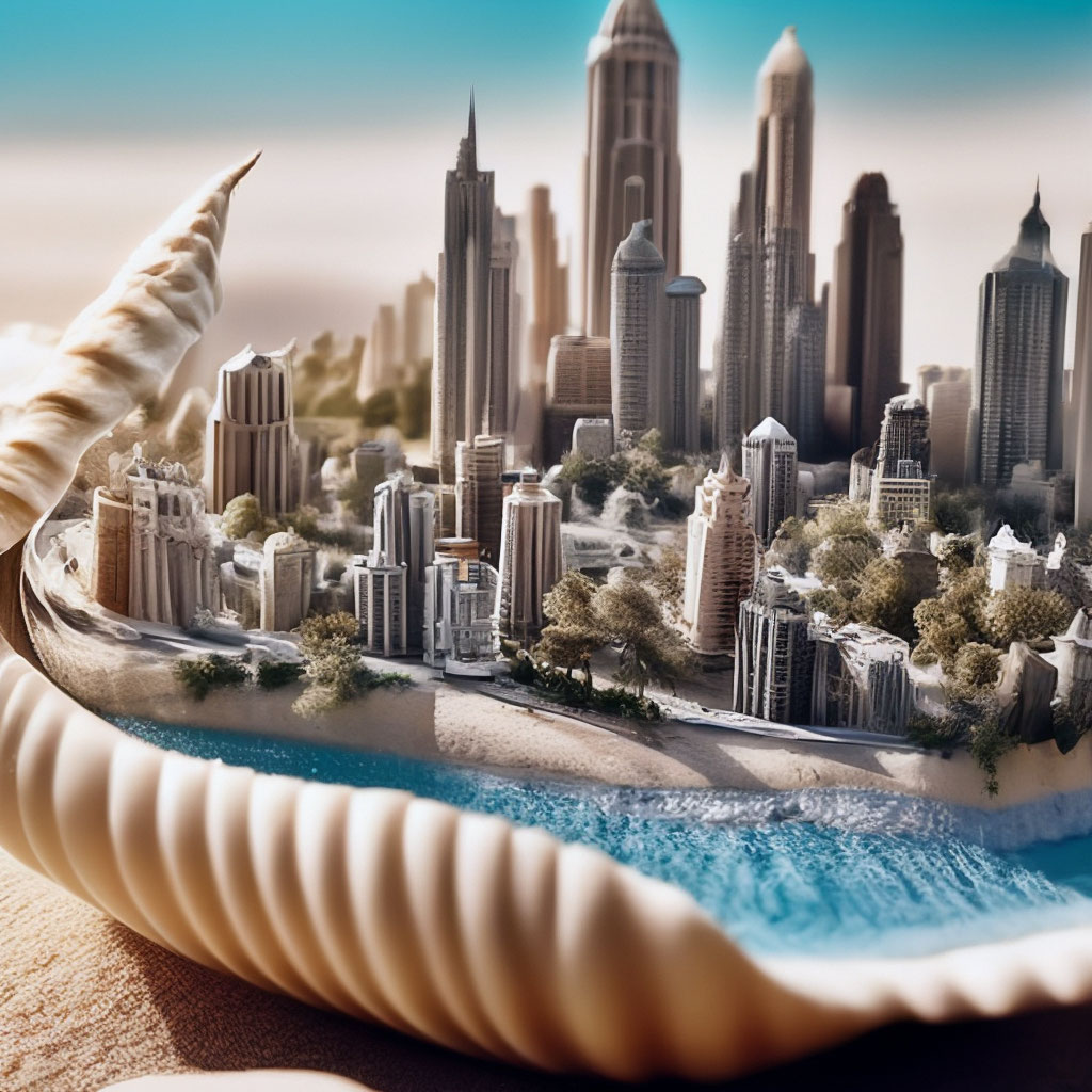 "A small modern city with skyscrapers stands on a giant seashell ...