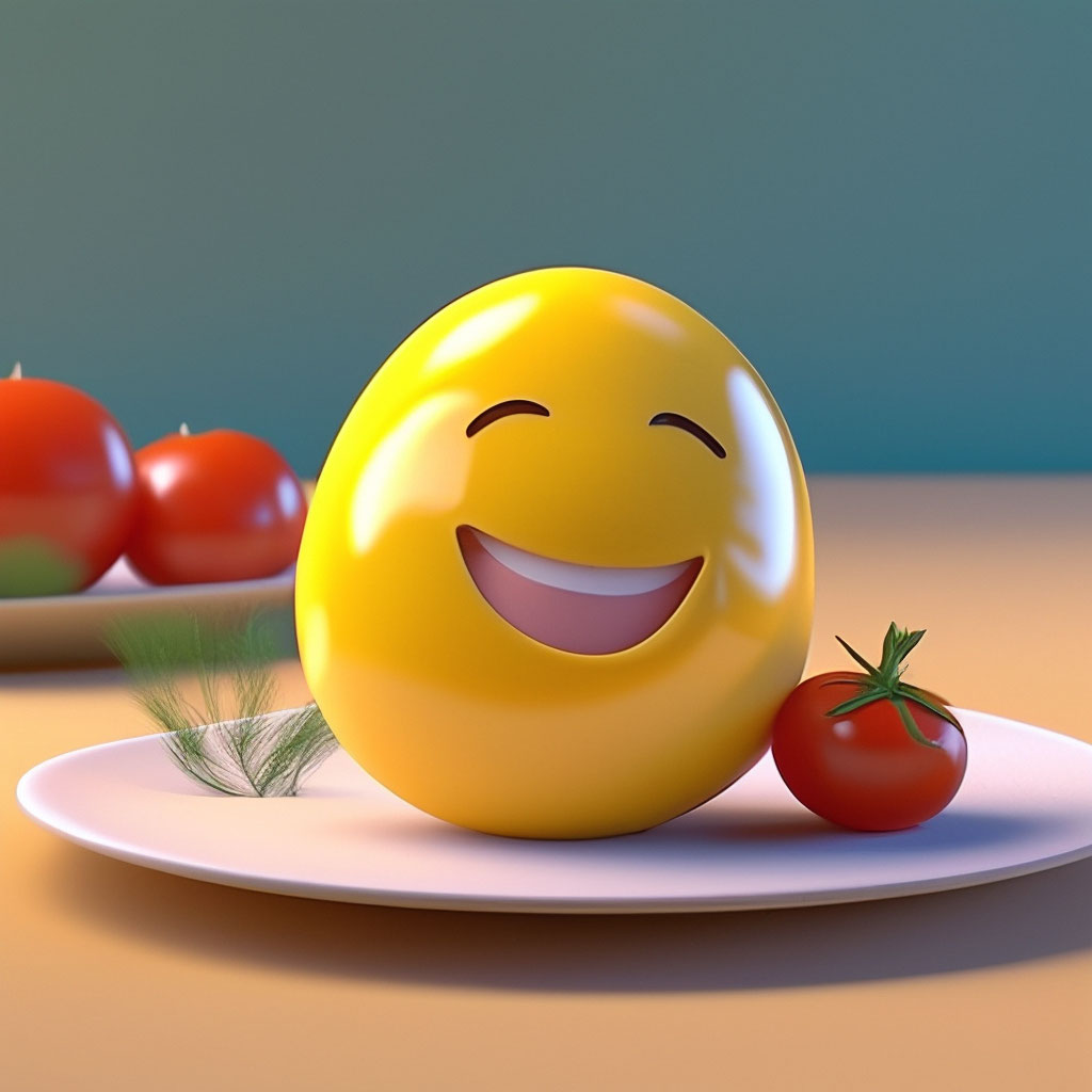 "Cartoon anthropomorphic yolk sleeps and smiles on a plate with ham and ...