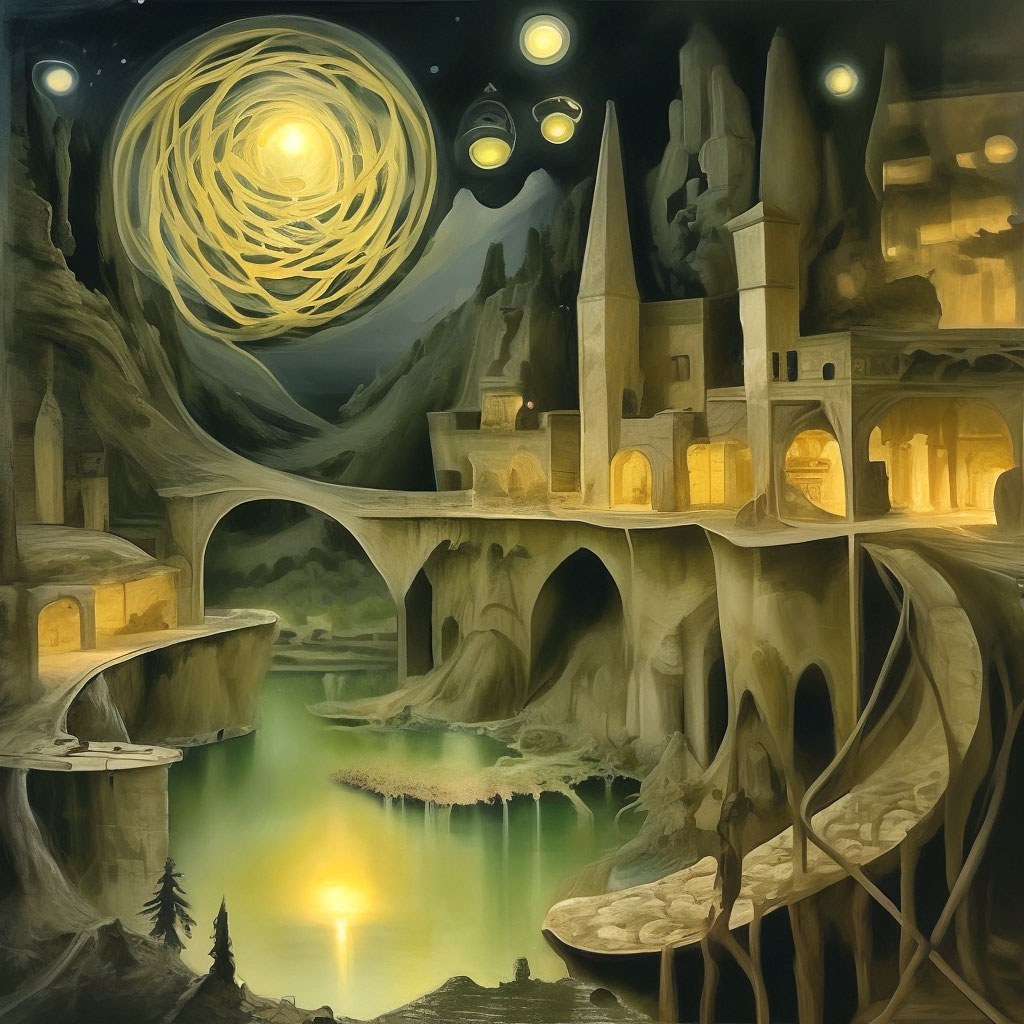 "Ancient rome, steep ravine at night, embryo moon in the lumen, lady of ...