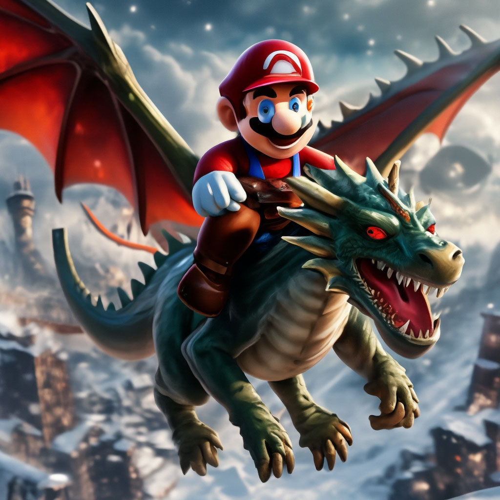 "Mario on a dragon flies through the snowdrifts" — image created in ...