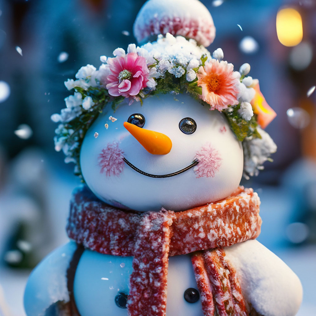 "Cute snowman decorated with garlands and flowers, realistic painting ...