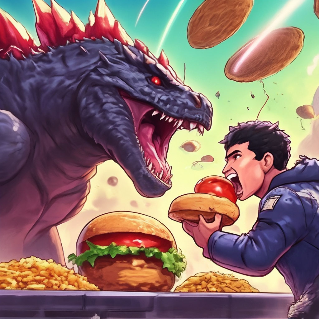 "Danil and Godzilla compete to see who can eat more meteorite burgers ...