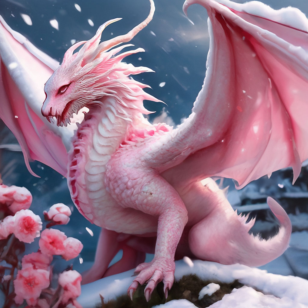 "Pink flying romantic dragon with snow flowers" — image created in ...