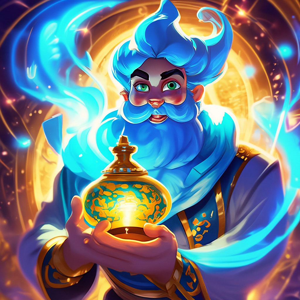 "The genie, sparkling with his bright eyes, bursts out of the lamp with ...