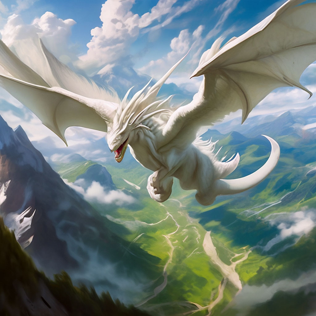 "Epic flight of a large white dragon over green alpine fields" — image ...