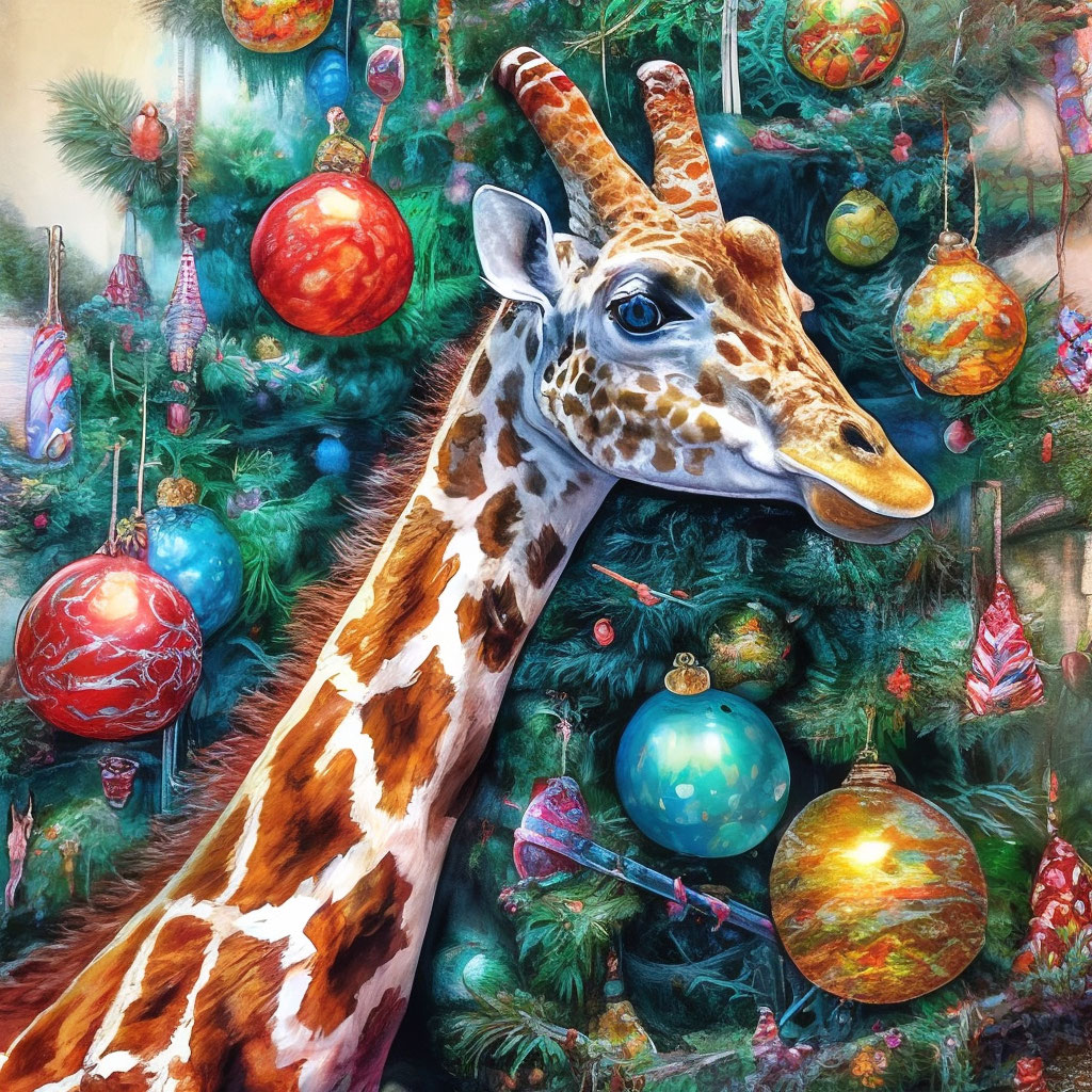 "A giraffe decorates a Christmas tree.watercolour.fine drawing ...
