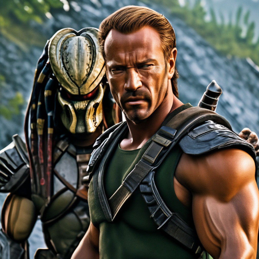 "Alan "Dutch" Schaefer and the "Predator" stand nearby and smile ...