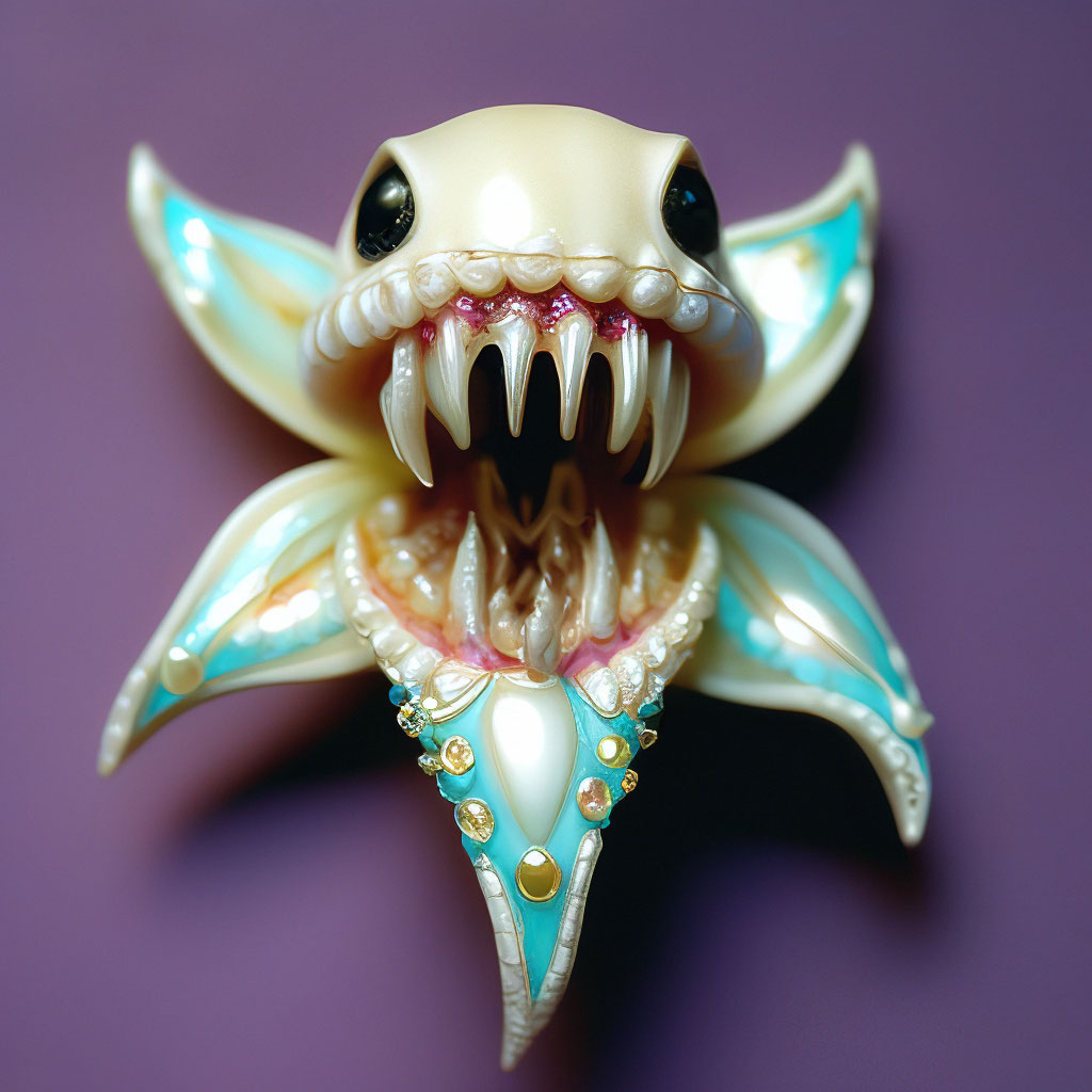 "Flower with mother-of-pearl teeth fangs snarl" — image created in ...