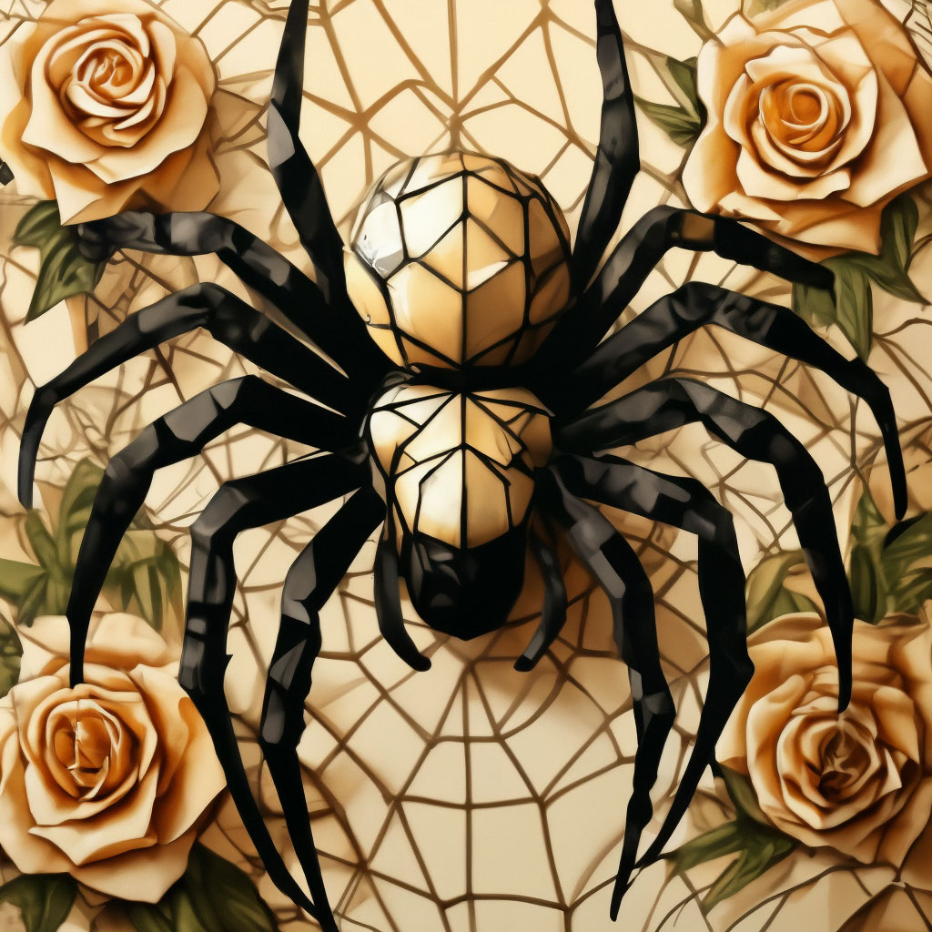 "Black ink on a yellow beige background, a gargoyle spider, white ...
