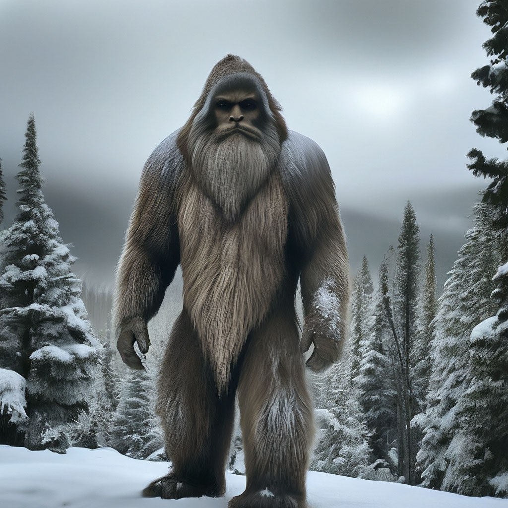 "Medium-plan photo of Sasquatch, Yeti, snow-covered rocky mountain ...