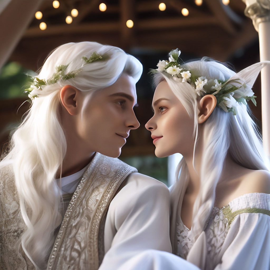 "A couple of elves in love are sitting in a beautiful gazebo, in white ...