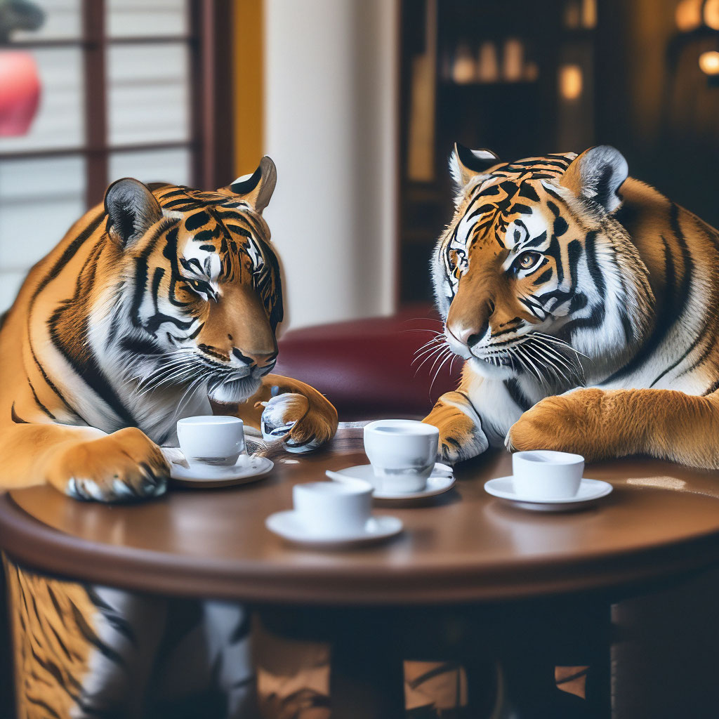"Two tigers sitting at a table and drinking hot coffee, professional ...