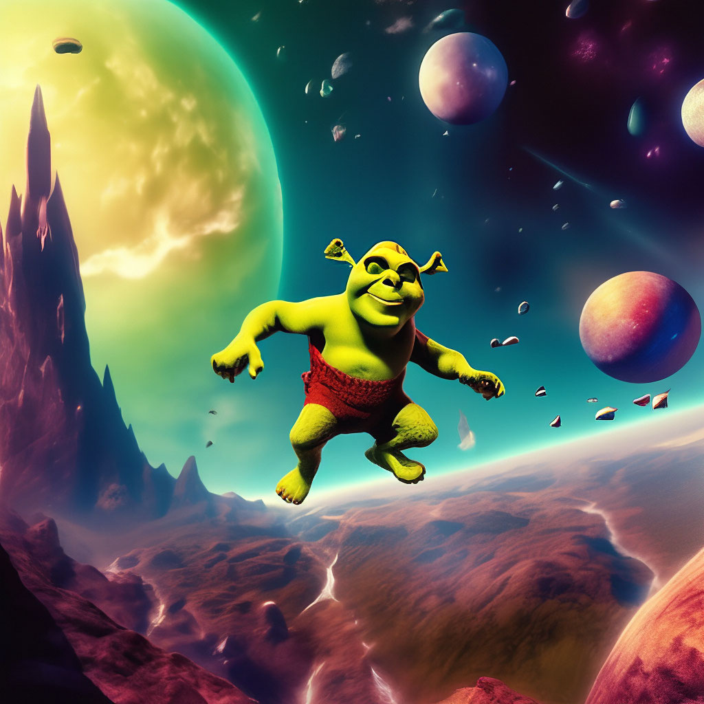 "A fantastic galaxy, a little besyachy shrek jumps on the planets ...