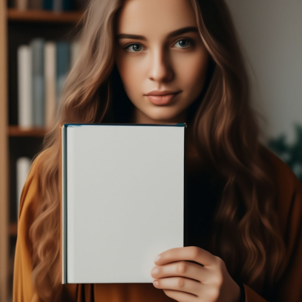 "Mockup book, a girl holding a book" — image created in Shedevrum