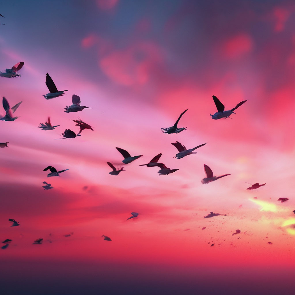 "Pink and crimson gradient, sky, birds, aesthetically pleasing ...