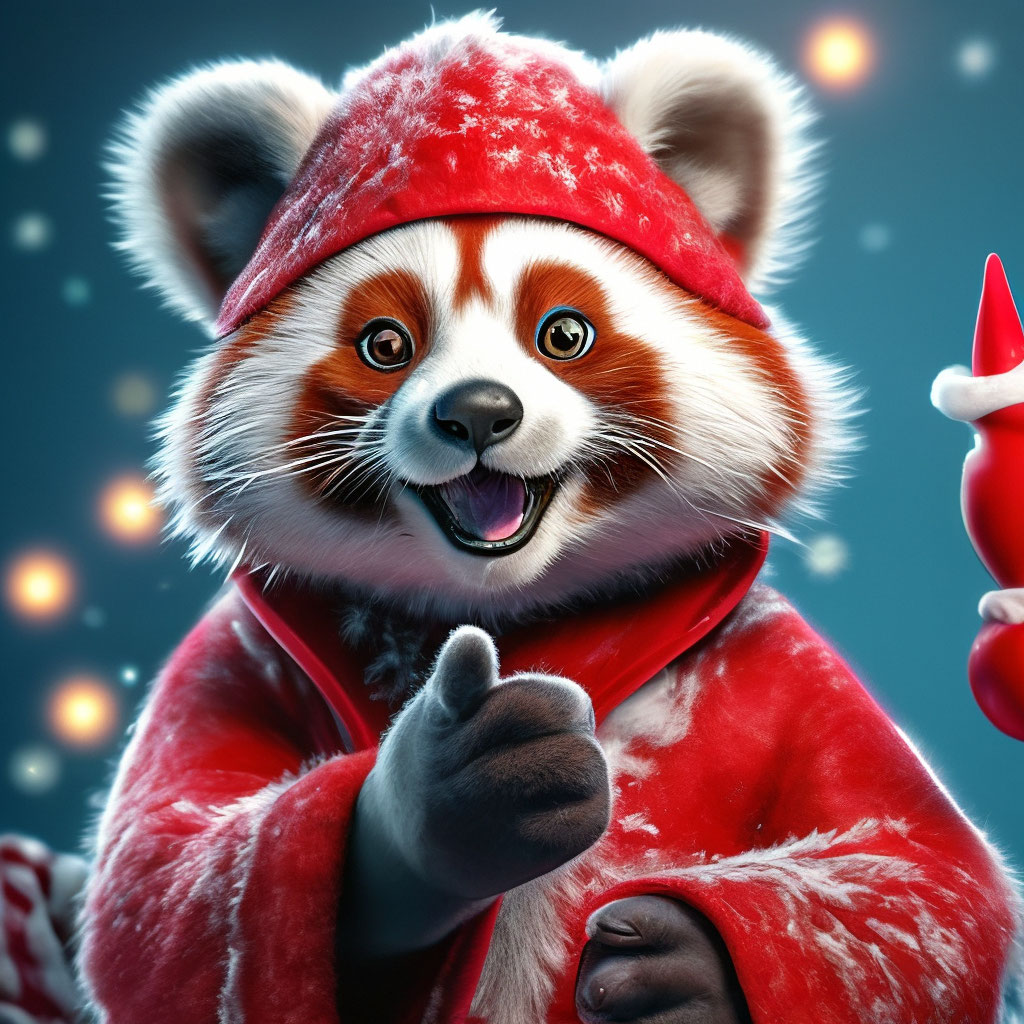 "Subscribe!)) Red panda in a Santa Claus costume with a raised finger ...