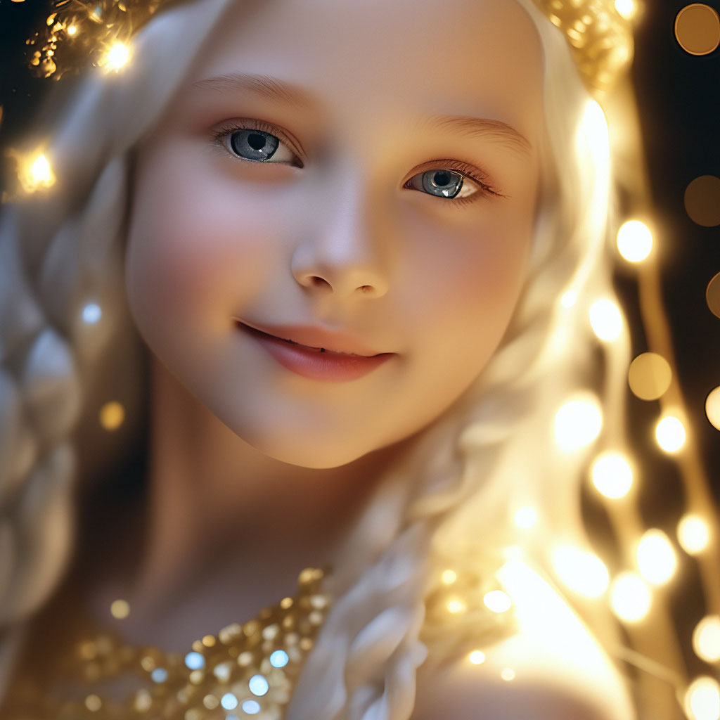 "Angels of light, a refined girl's face, golden threads are braided in ...