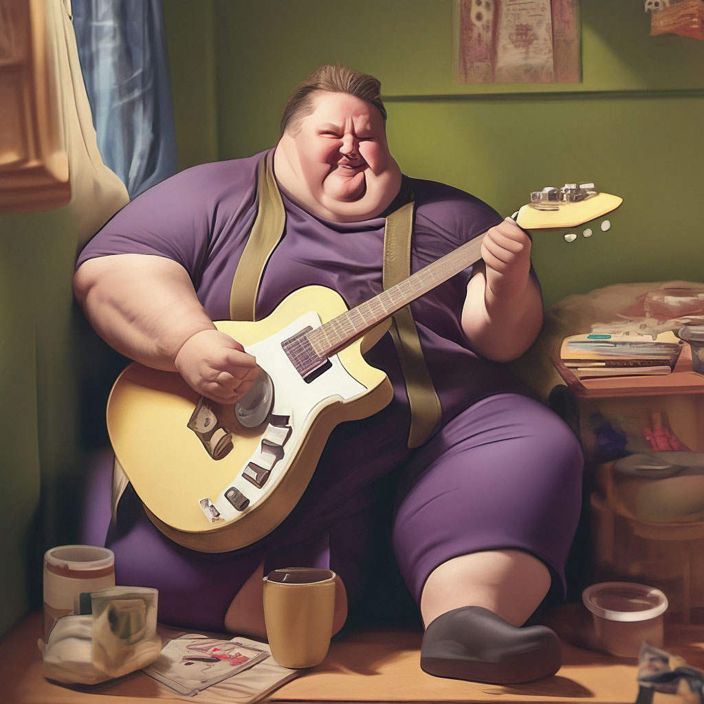 "Fat man playing guitar" — image created in Shedevrum