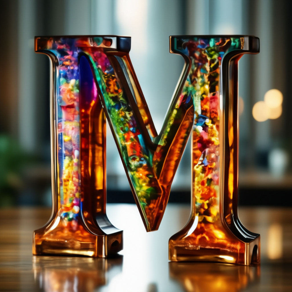 "A huge letter M stands on a glass table Vintage liquid colored glass ...