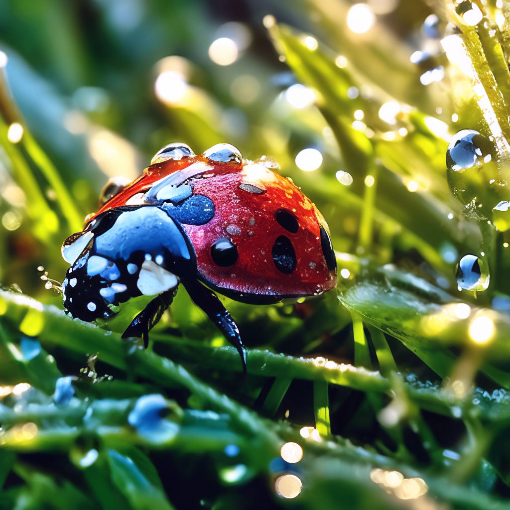 "Crystal emerald grass, dew drops, ladybug, sunlight, glow, glare ...