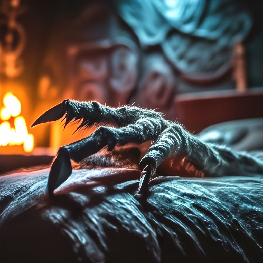 "A hand with claws on the background of an ancient bed is incredibly ...